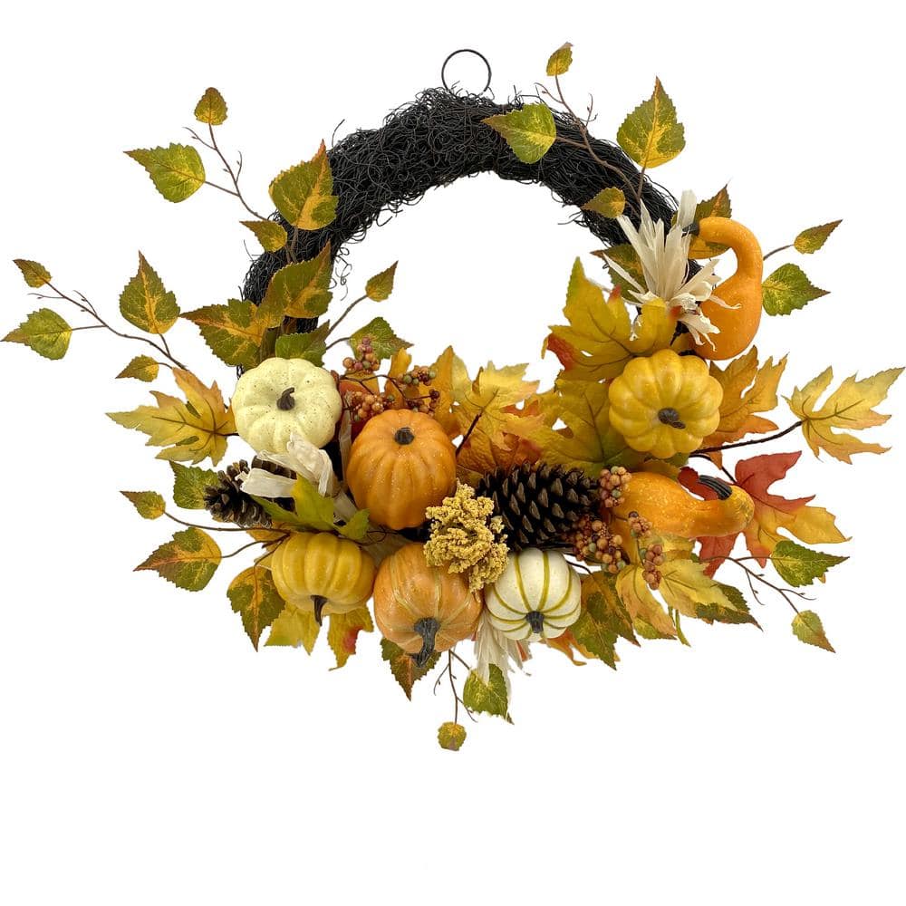 MERRILY 22 in. Fall Pumpkin, Leaves and Pinecone Wreath MFGWF6544X22X ...