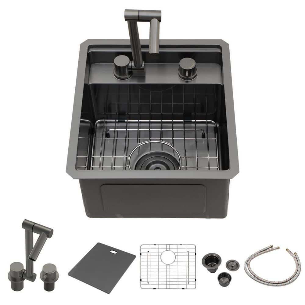 Sarlai 15 in. Undermount Single Bowl 16-Gauge Gunmetal Black Stainless ...