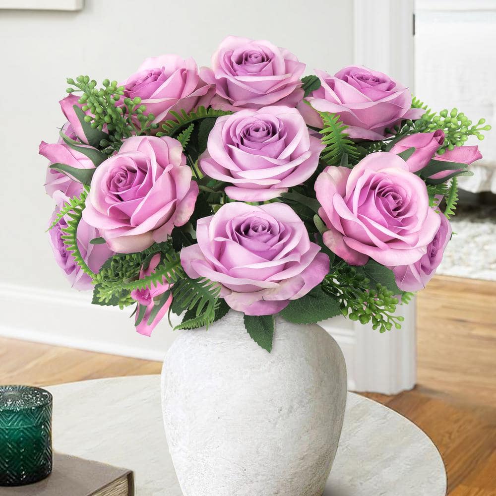 LIVING LUXURY 18 in. Lavender Artificial Rose Flower Stem Bush Bouquet ...