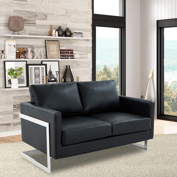 LeisureMod Lincoln Leather Loveseat with Chromed Frame in Black