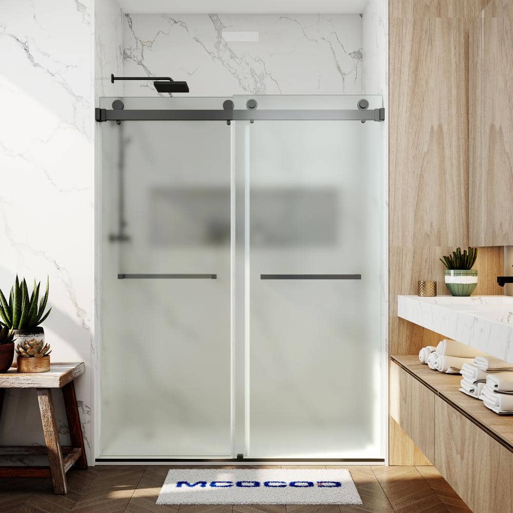 MCOCOD 56-61 in. W x 76 in. H Double Sliding Frameless Smooth Sliding Shower Door in Matte Black ...