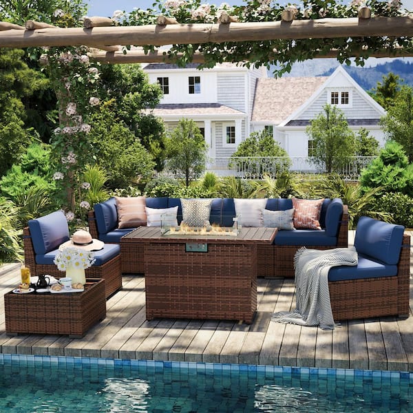 ELPOSUN 8-Piece Brown Rattan Wicker Outdoor Patio Set with Blue ...