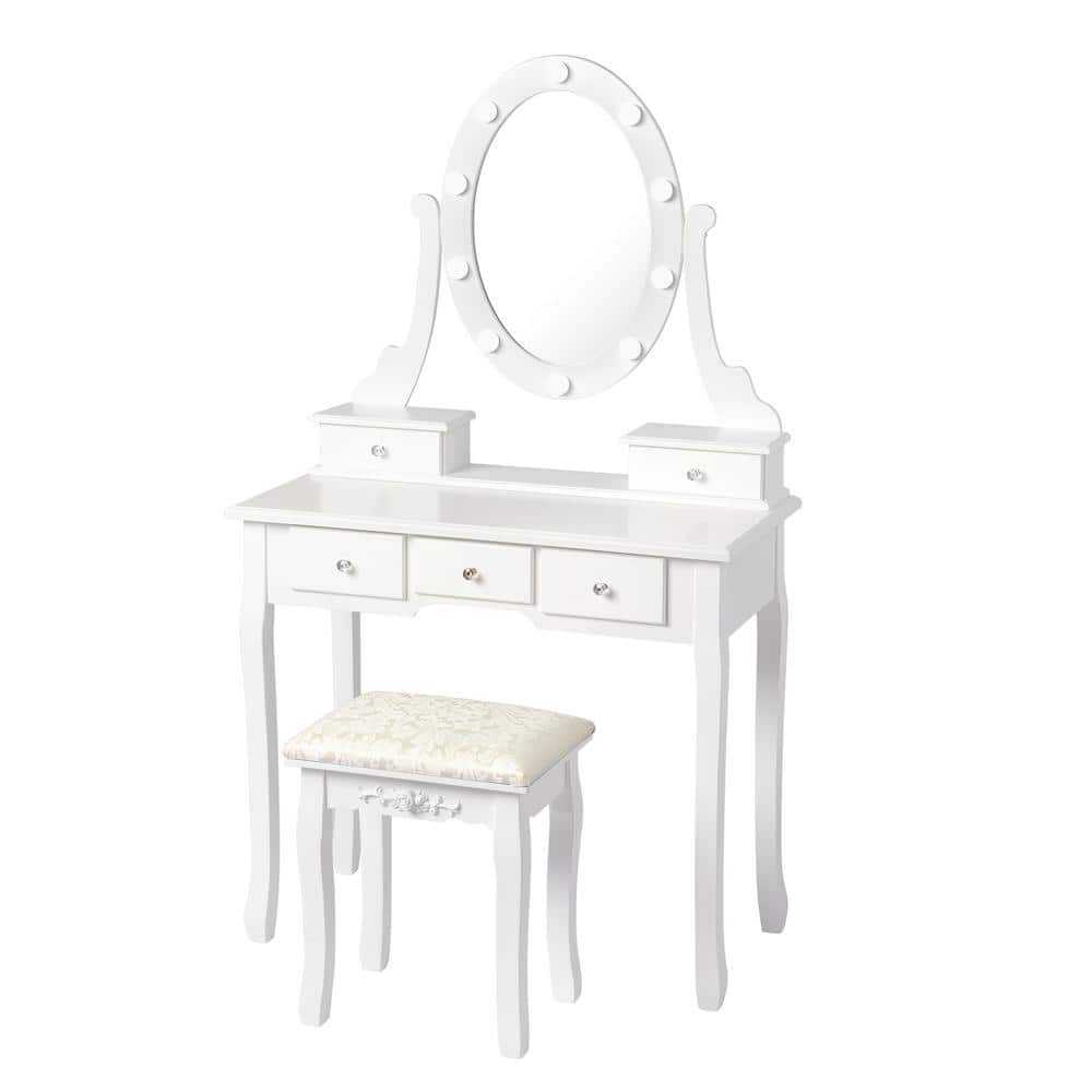 Outopee Modern White Makeup Vanity Table and Stool Set with Light Bulb ...