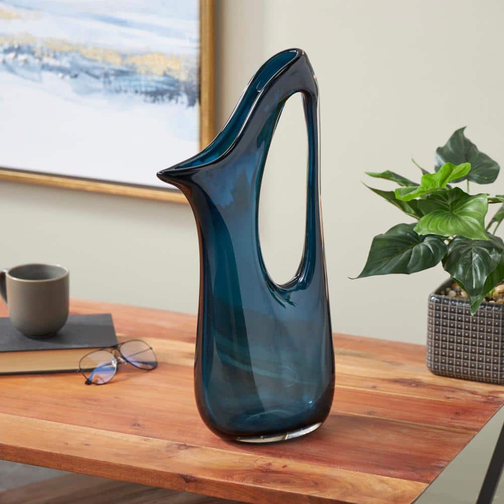 Litton Lane Blue Glass Abstract Decorative Vase with Cutout Handle and ...