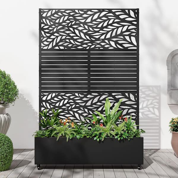 Dovelina 73 in. Black 3-Panel Metal Iron Planter Box with Attached ...