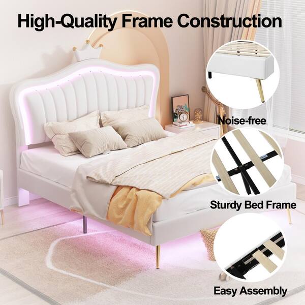 URTR White Modern Princess Bed Wood Frame Queen Faux Upholstered Platform Bed with LED Light and Adjustable Crown Headboard HY03177Y The Home Depot