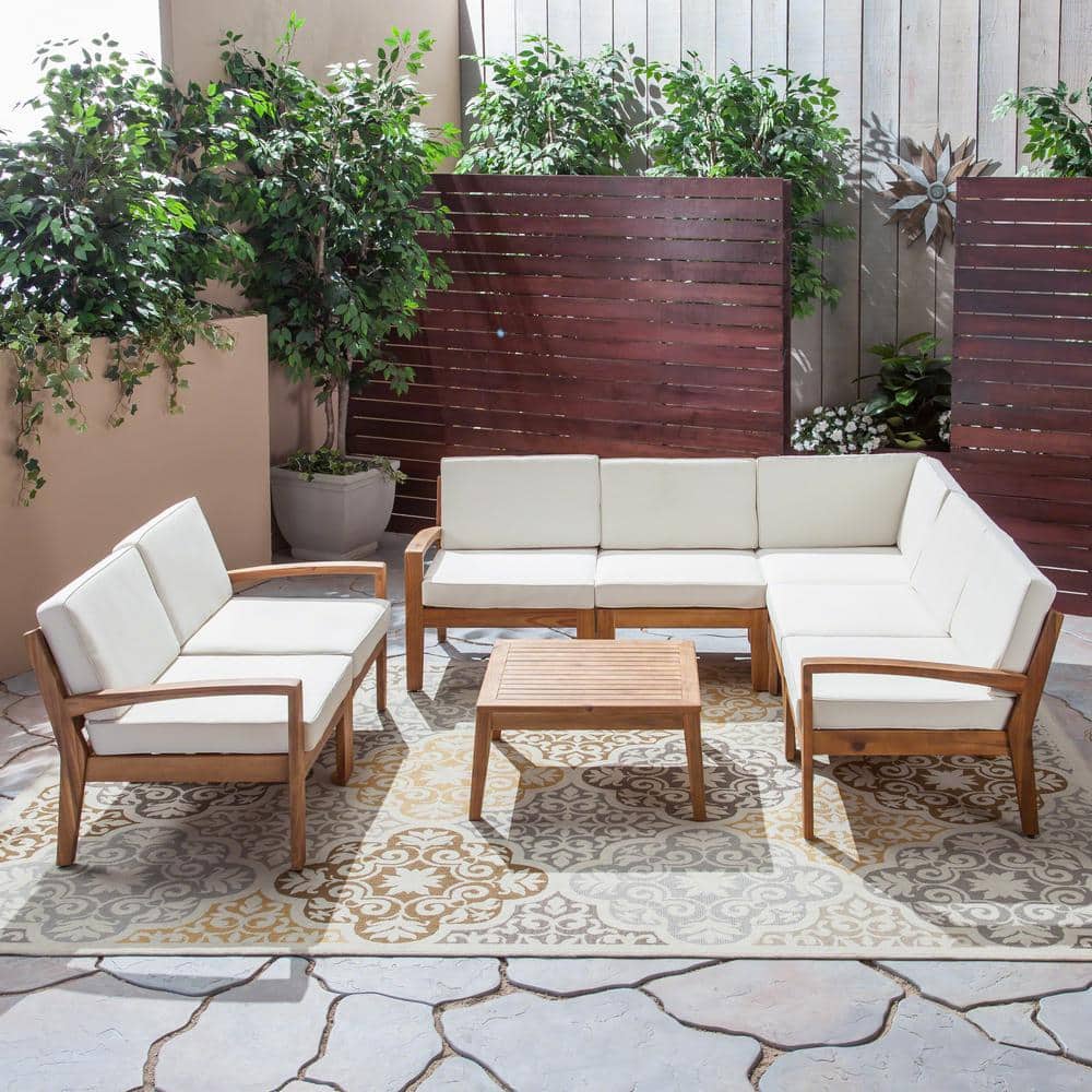 Noble House Grenada Teak Brown 8-Piece Wood Outdoor Patio Conversation ...