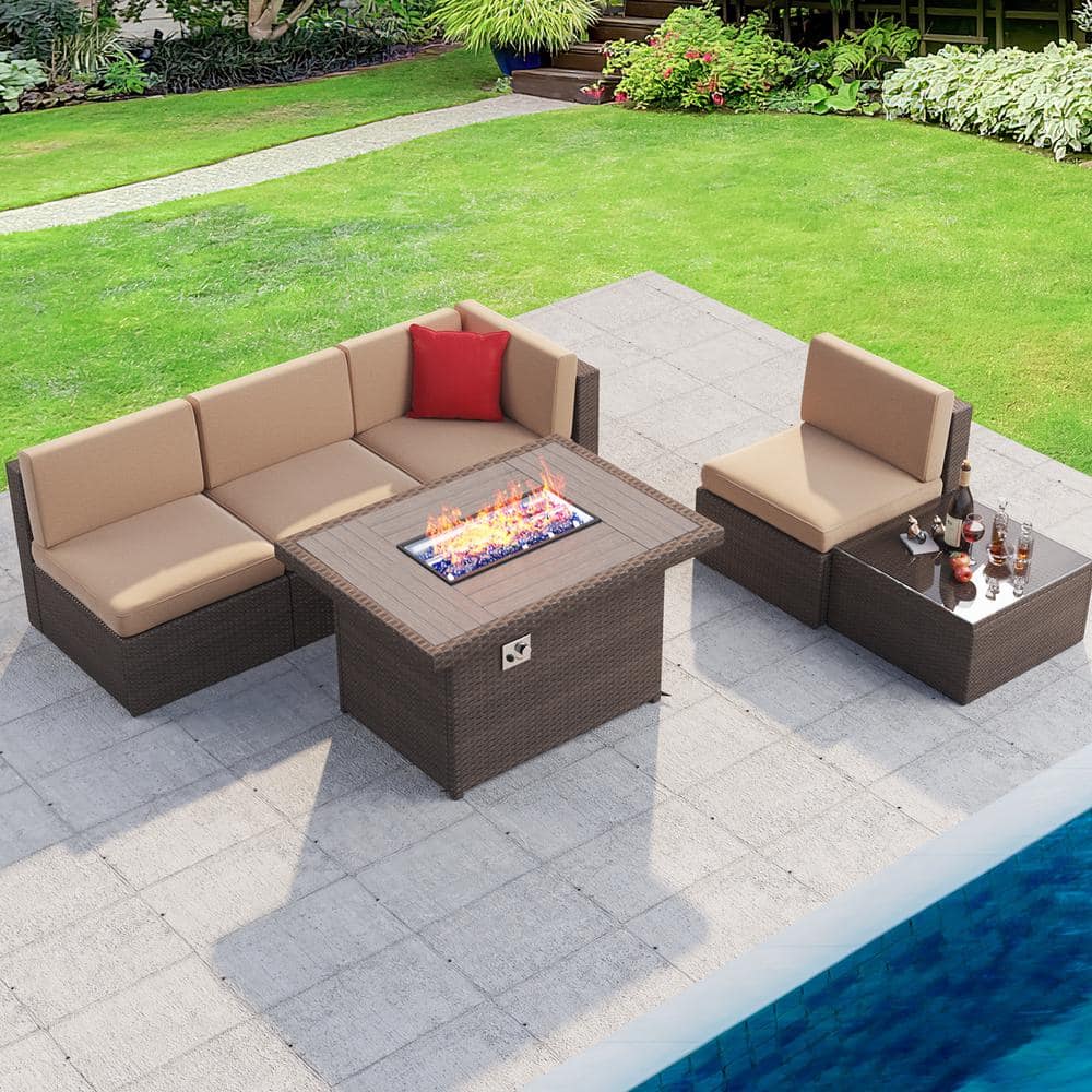 Sizzim 6-Piece Wicker Patio Conversation Set with Fire Pit Table, Beige ...