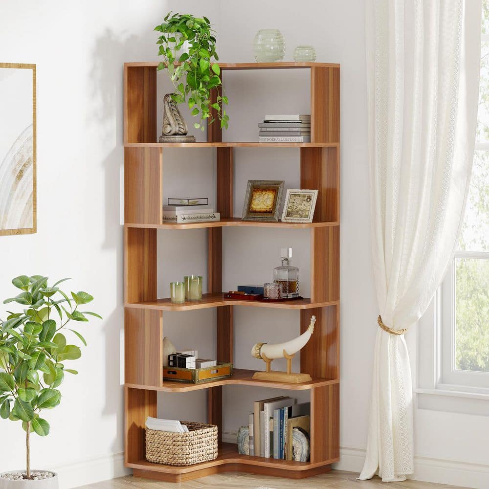 BYBLIGHT 65 in. Tall Walnut Color Engineered Wood 6-Shelf Corner ...