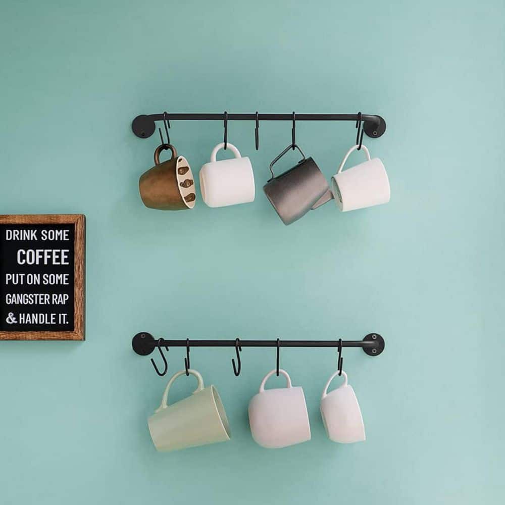 Numhew 2-Pack 17 in. Black Wall Mounted Mug Holder with 10-Mug Hook ...