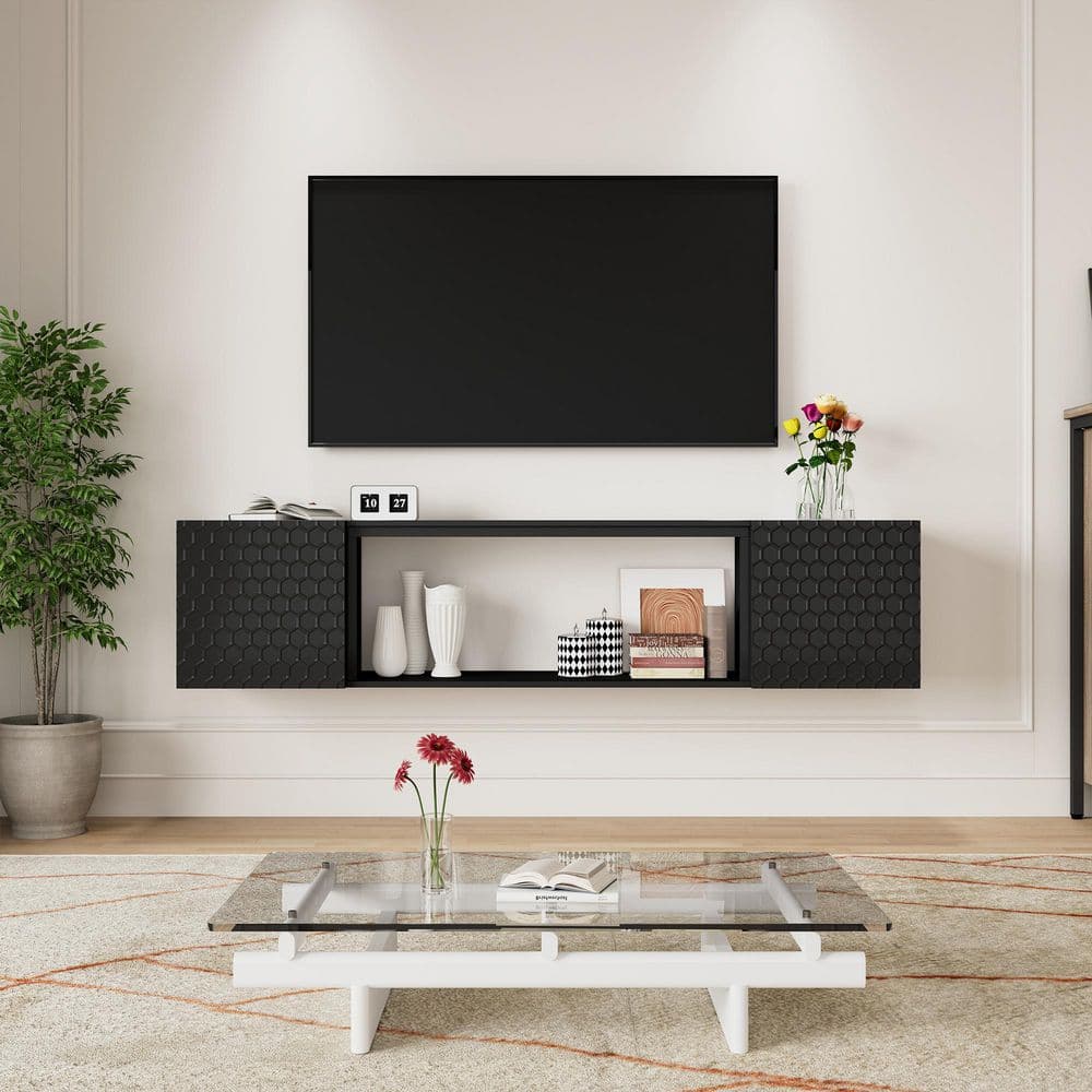 Clihome 70 in. Black Wall Mount TV Stand TV Cabinet Console Table Fits ...