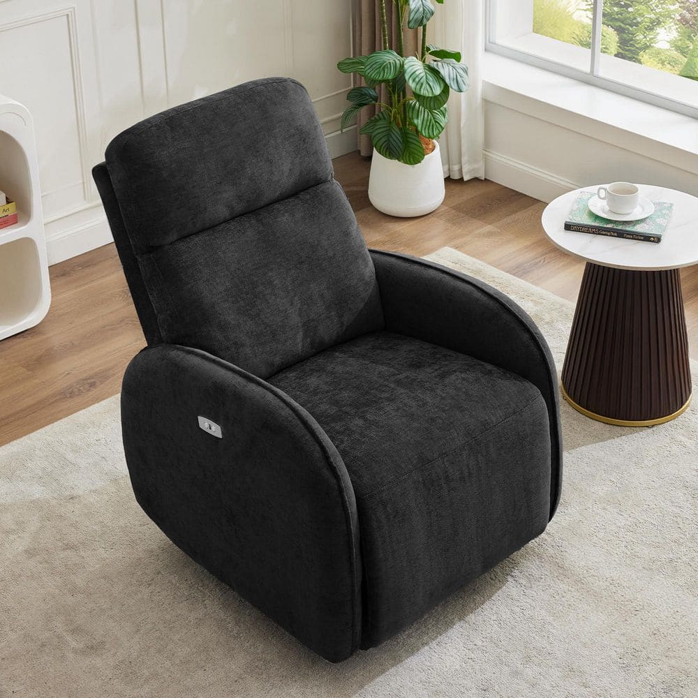 JEAREY Chenille Black 3-Position Swivel Power Nursery Recliner with USB ...