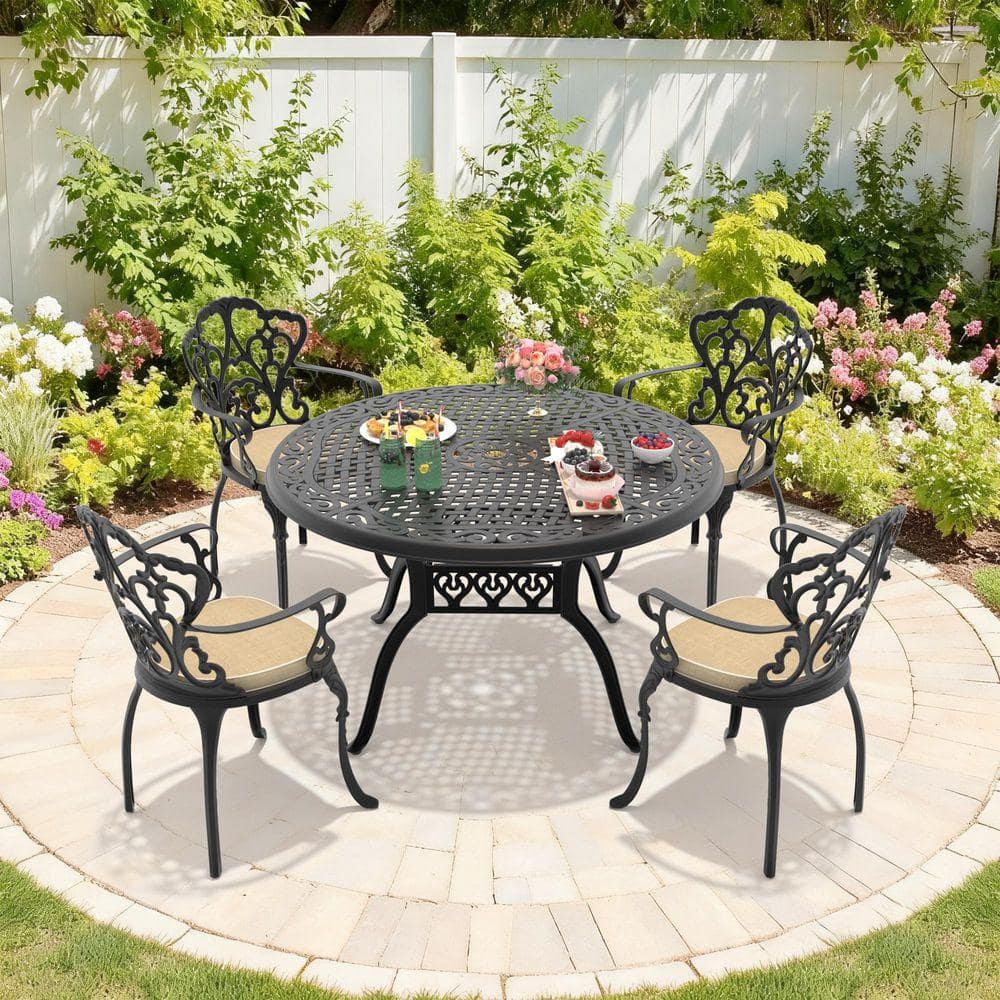 Willit Black 5-Piece Cast Aluminum Outdoor Dining Set, 48.03 in. Round ...