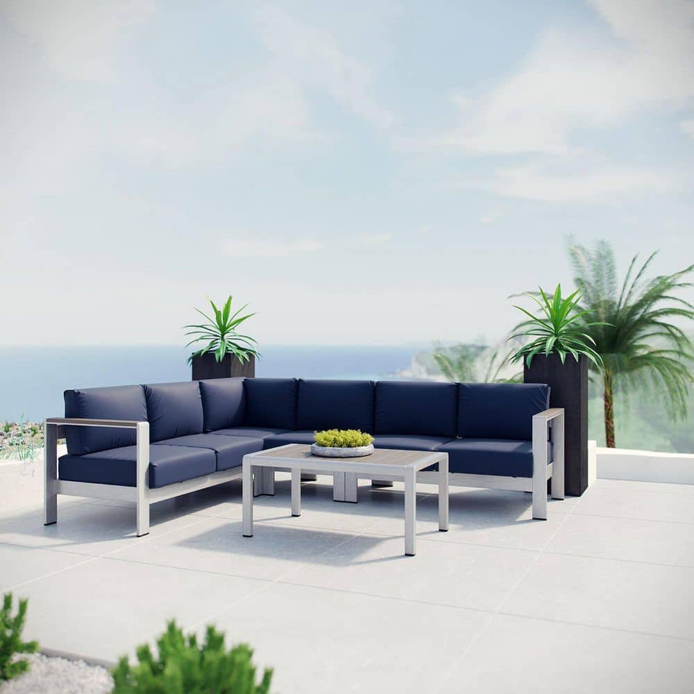 MODWAY Shore Silver 5-Piece Aluminum Outdoor Sectional with Navy Blue ...