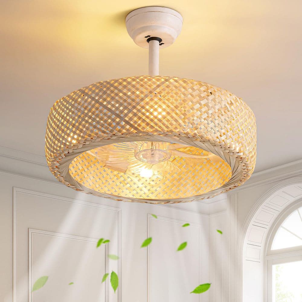 Pacific Core Boho 20 in. Indoor Oak White Rattan Caged Chandelier ...