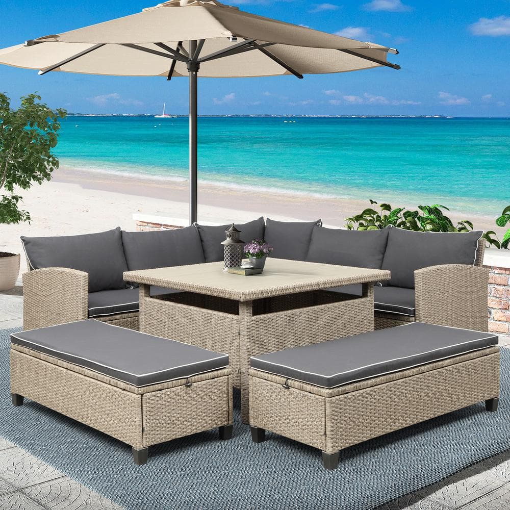 Boosicavelly 6-Piece Wicker Patio Conversation Set with Gray Cushions ...