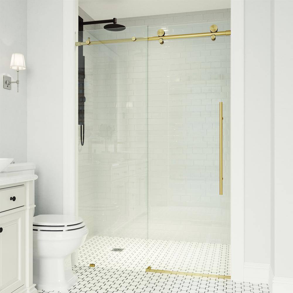 VIGO Elan E-Class 52 to 56 in. W x 76 in. H Sliding Frameless Shower Door in Matte Brushed Gold ...
