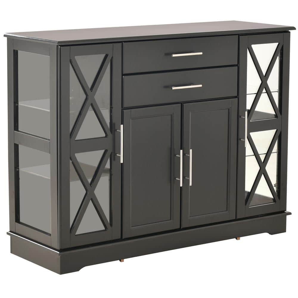 LUCKY ONE Antler Black Functional Sideboard Buffet with Tempered Glass ...