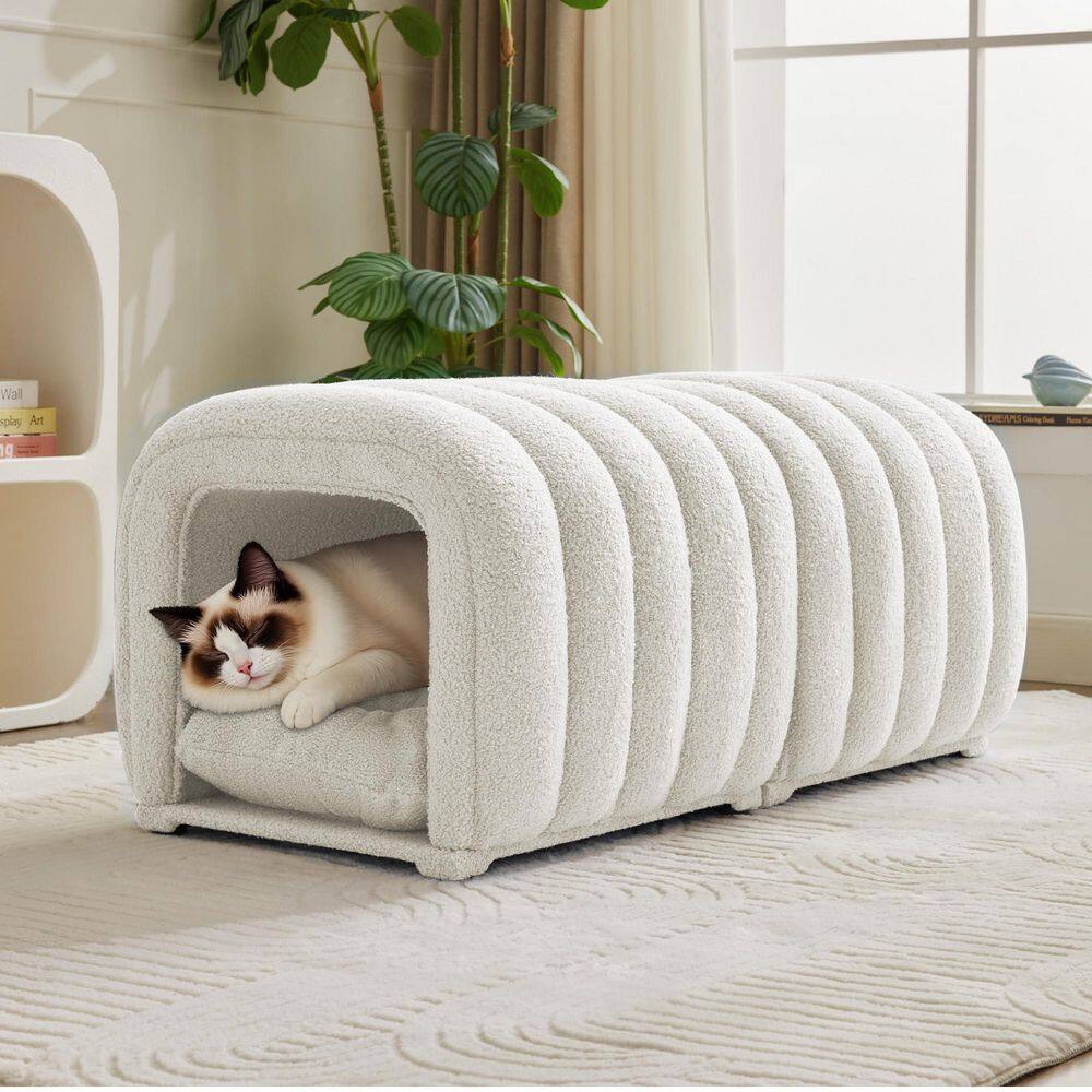 JEAREY 48 in. Beige Sherpa Fleece Bedroom Bench with Storage-Multi-Use ...