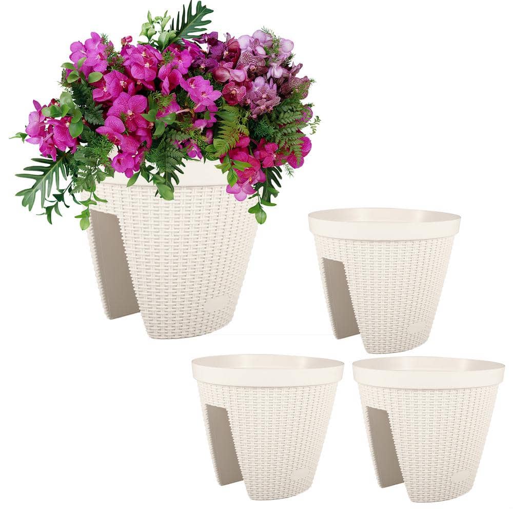 Aoodor 12 in. White Plastic Rattan Pattern Balcony Railing Planter Box ...