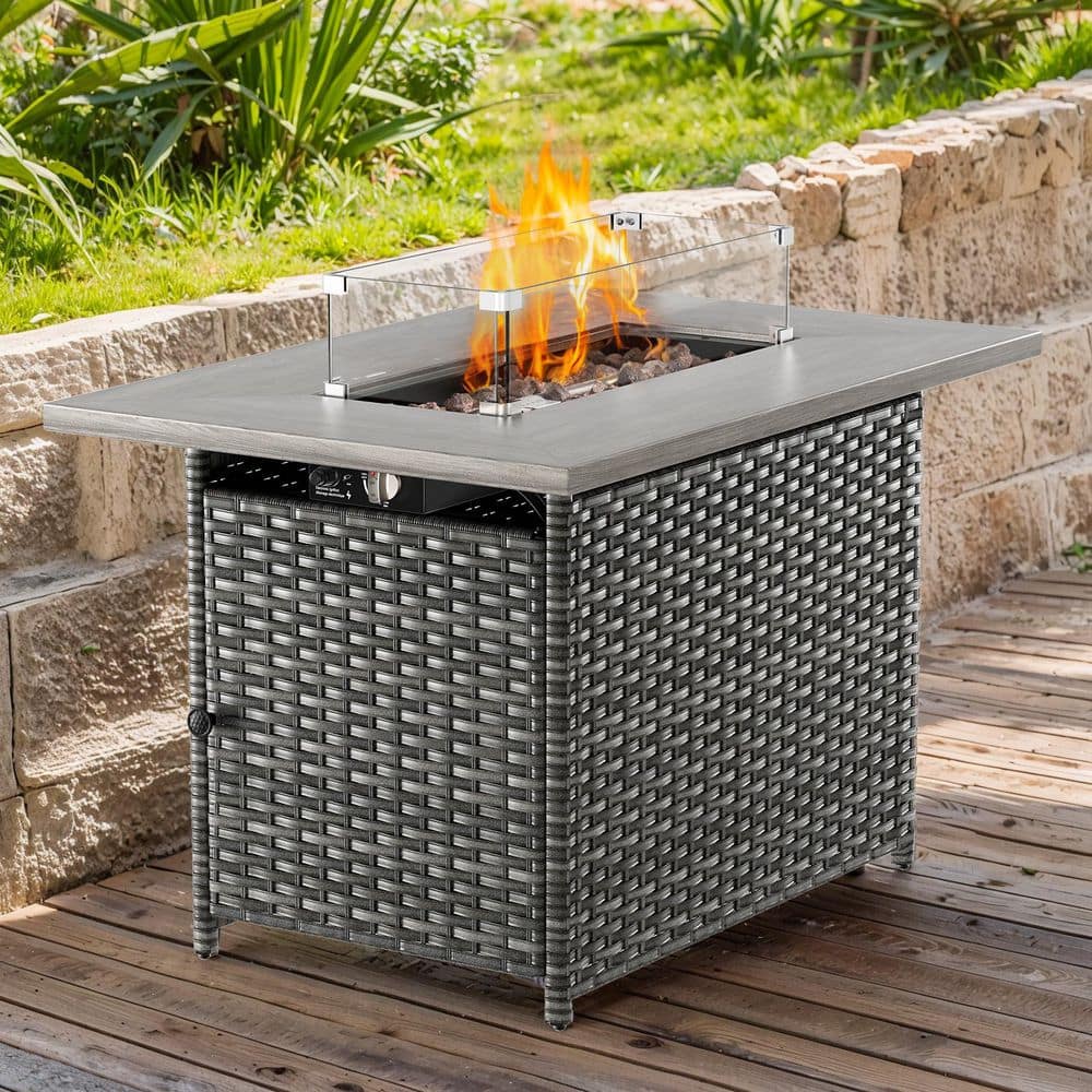 moosprr Arcline 41 in. 50000 BTU Rectangle Gray Wicker Outdoor Gas Fire ...