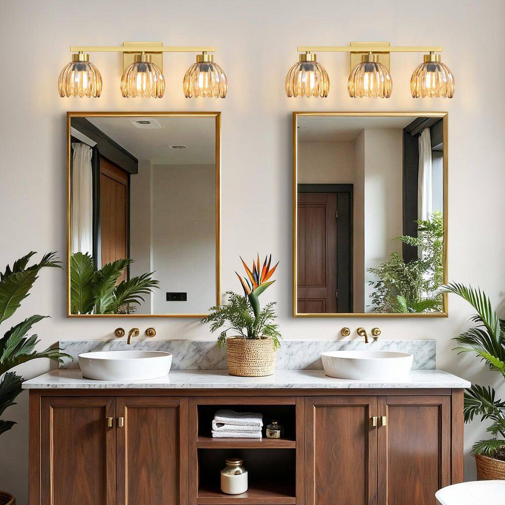 Deyidn 19.29 in. 3-Light Brushed Gold Modern Vanity Light with Fluted ...