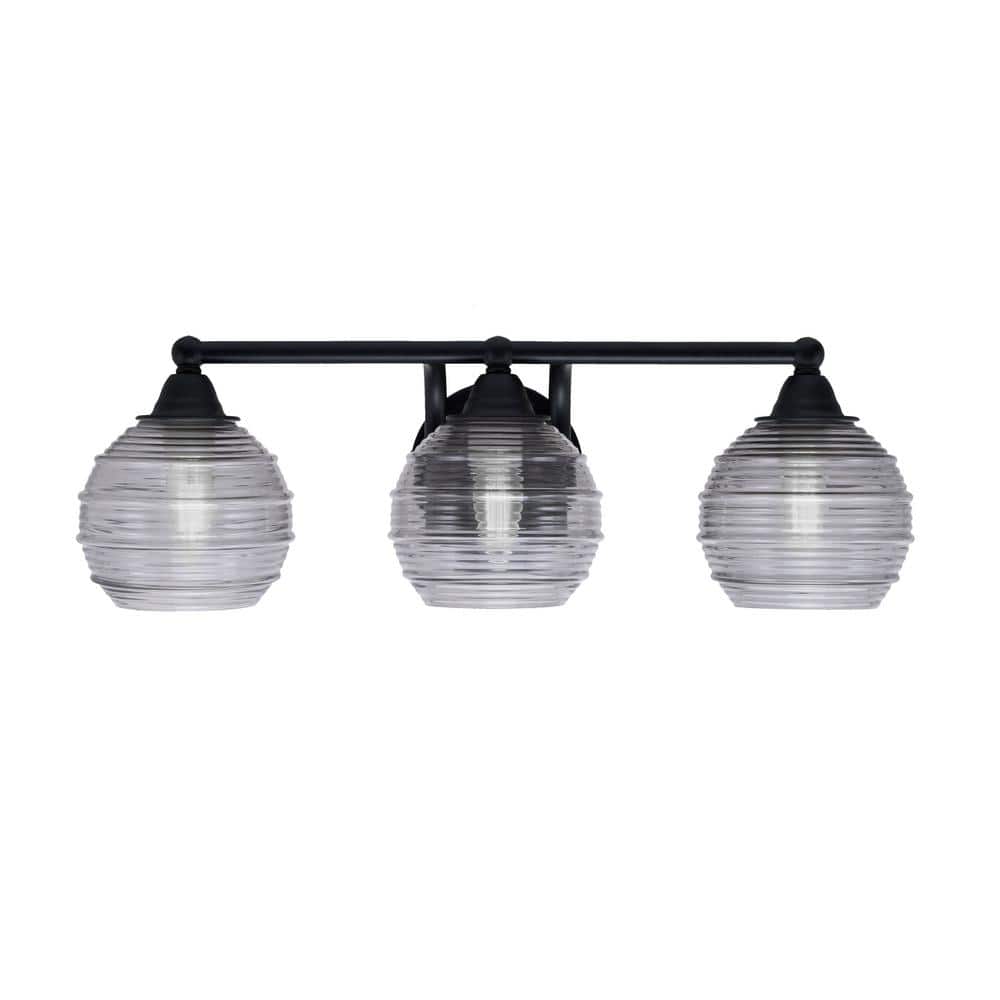 Madison 8 in. 3-Light Bath Bar, Matte Black, Smoke Ribbed Glass Vanity ...