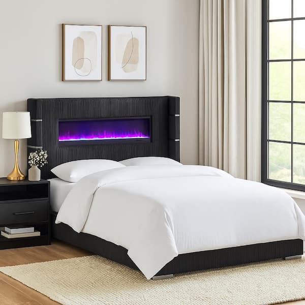 Benjara Caro Black Corduroy Upholstery Wood Frame Queen Panel Bed with ...