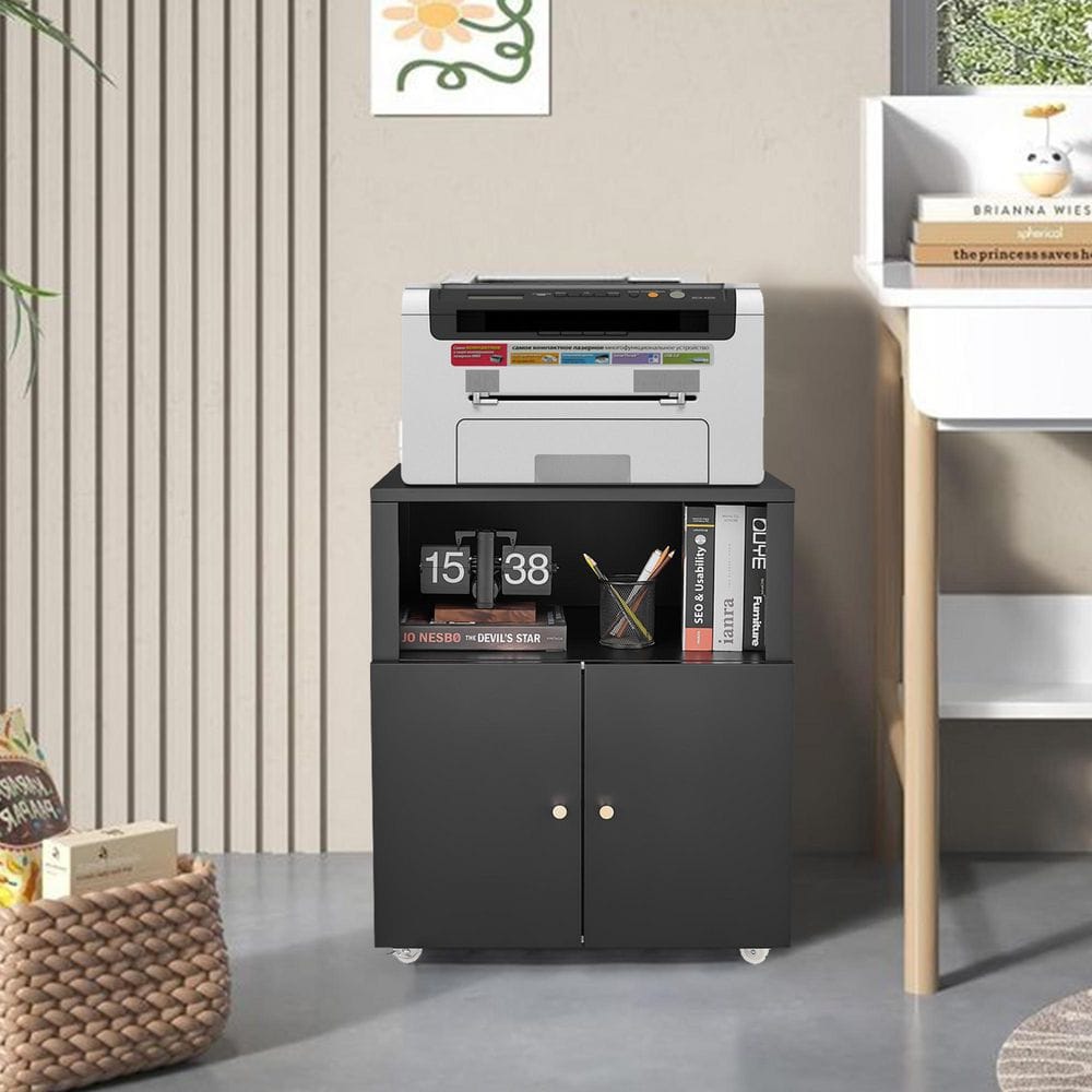 Kahomvis Black 28.93 in. H Mobile Printer Stand with Wheels, File Door ...