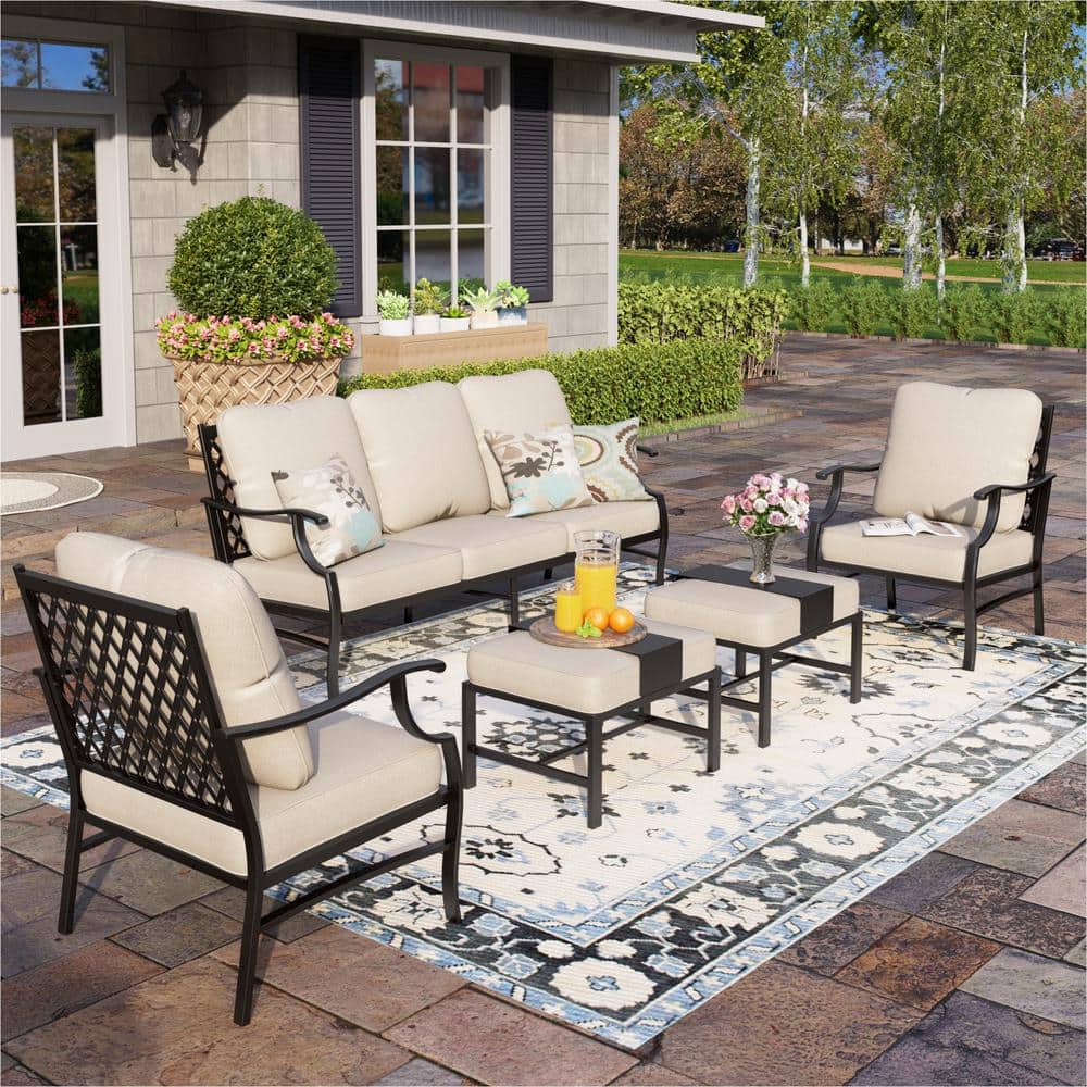 PHI VILLA Black 5-Piece Metal Meshed 7-Seat Outdoor Patio Conversation ...