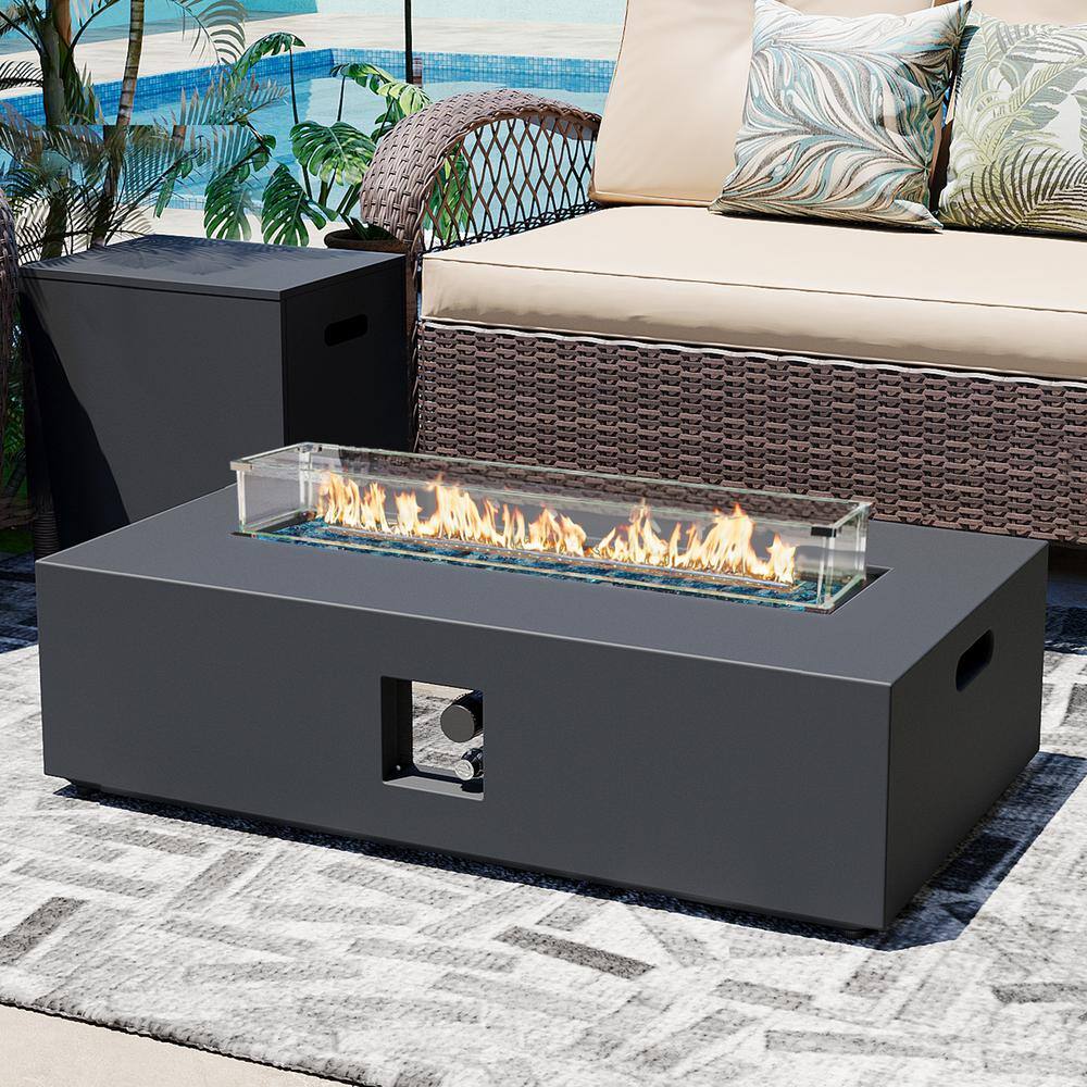 PATIOGUARDER 42 in. Rectangular Iron Outdoor Fire Pit Table with Tank Cover, Lid, Glass Cover ...