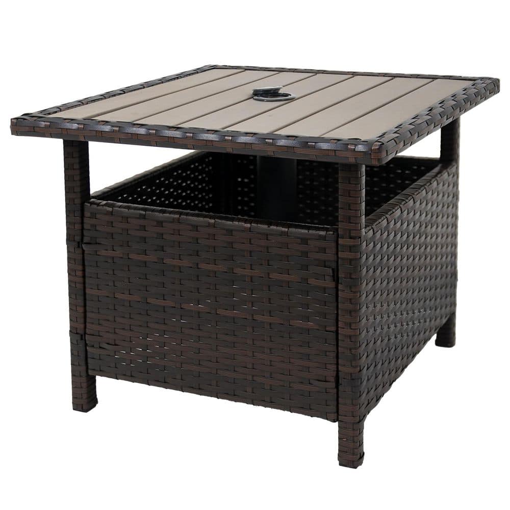 AURA OUTDOOR Gray Wicker Rattan Patio Side Table Outdoor Furniture for Garden, Pool, Deck with ...