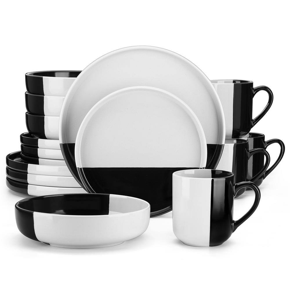 MALACASA Dipped Glaze 16-Piece Black White Stoneware Dinnerware Set ...