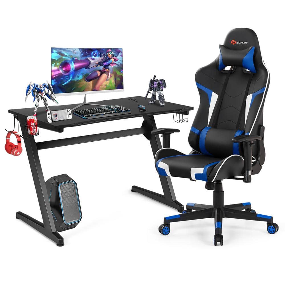 Costway 45.5 in. Black Z-Shaped Racing Style Desk and Black+ Blue ...