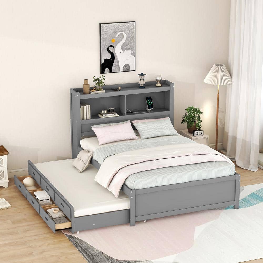Harper & Bright Designs Gray Wood Frame Full Size Platform Bed with ...