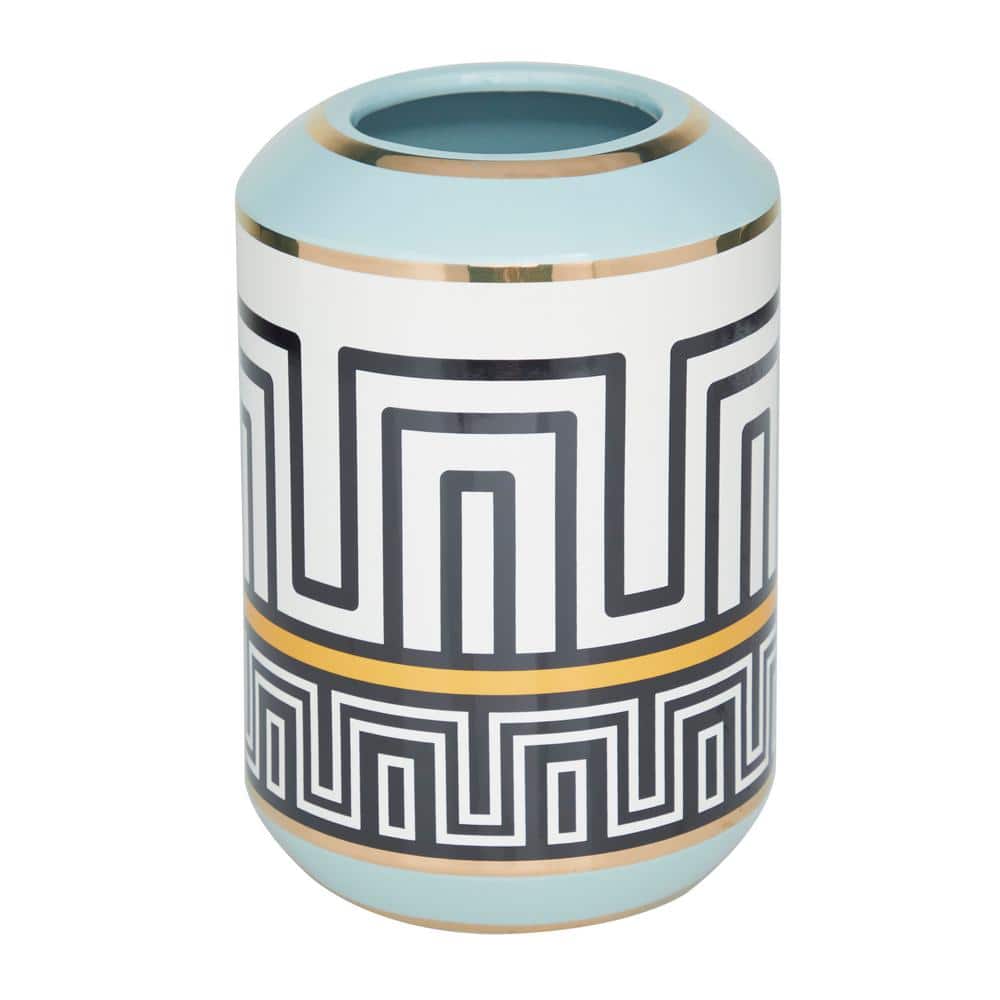 Litton Lane 9 in. Teal Ceramic Decorative Vase with Greek Knot Pattern ...
