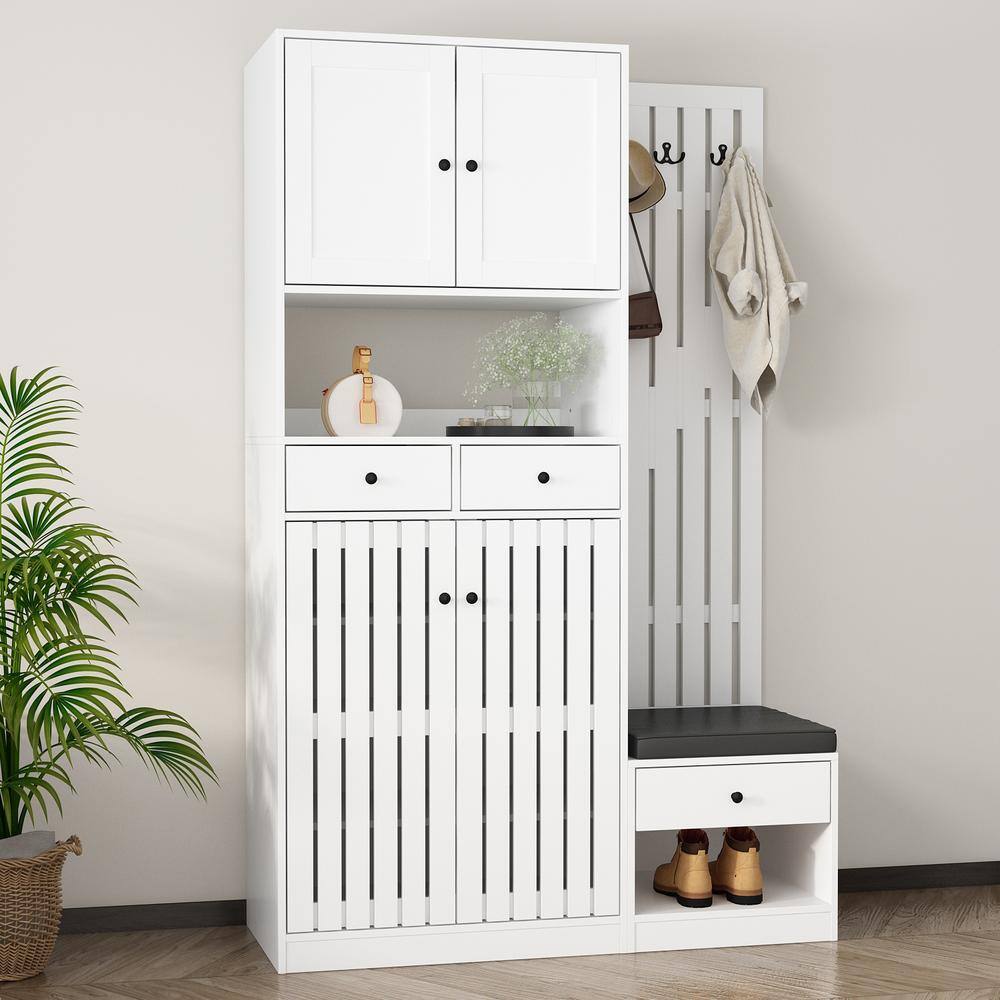 FUFU&GAGA 70.9 in. H x 45.3 in. W White Wooden High Coat Rack with Shoe ...