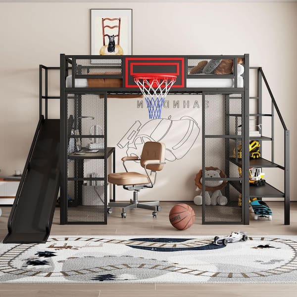 Qualler Black Full Size Metal Loft bed with Built-in Desk, Basketball ...