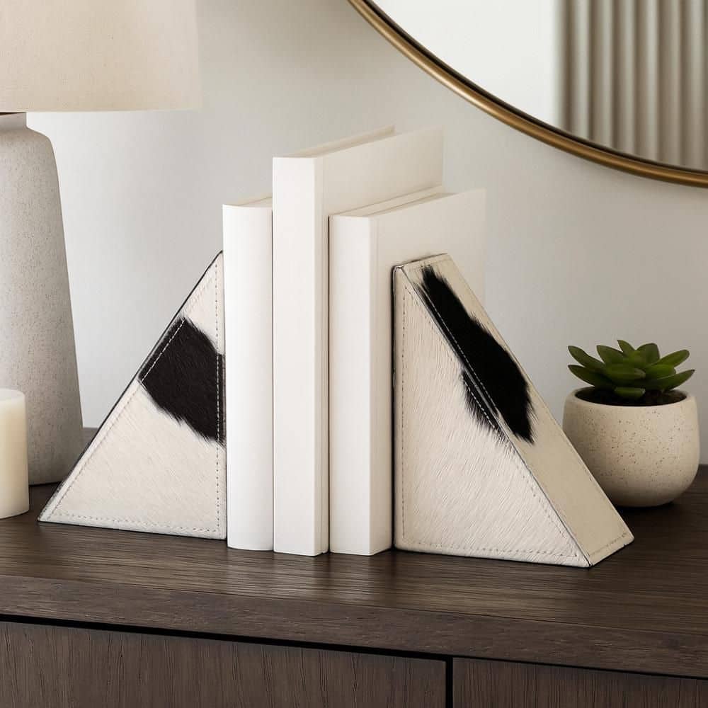 Liv & Skye White/Black 6 in. x 7 in. Leather/Wood Cow Print Bookends ...