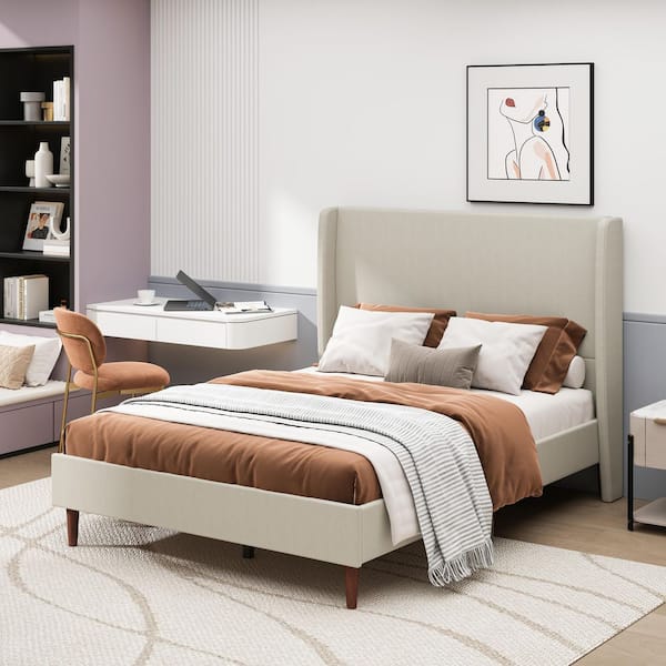 Noble House Tranlis Beige Wood Frame Queen Size Upholstered Linen ...