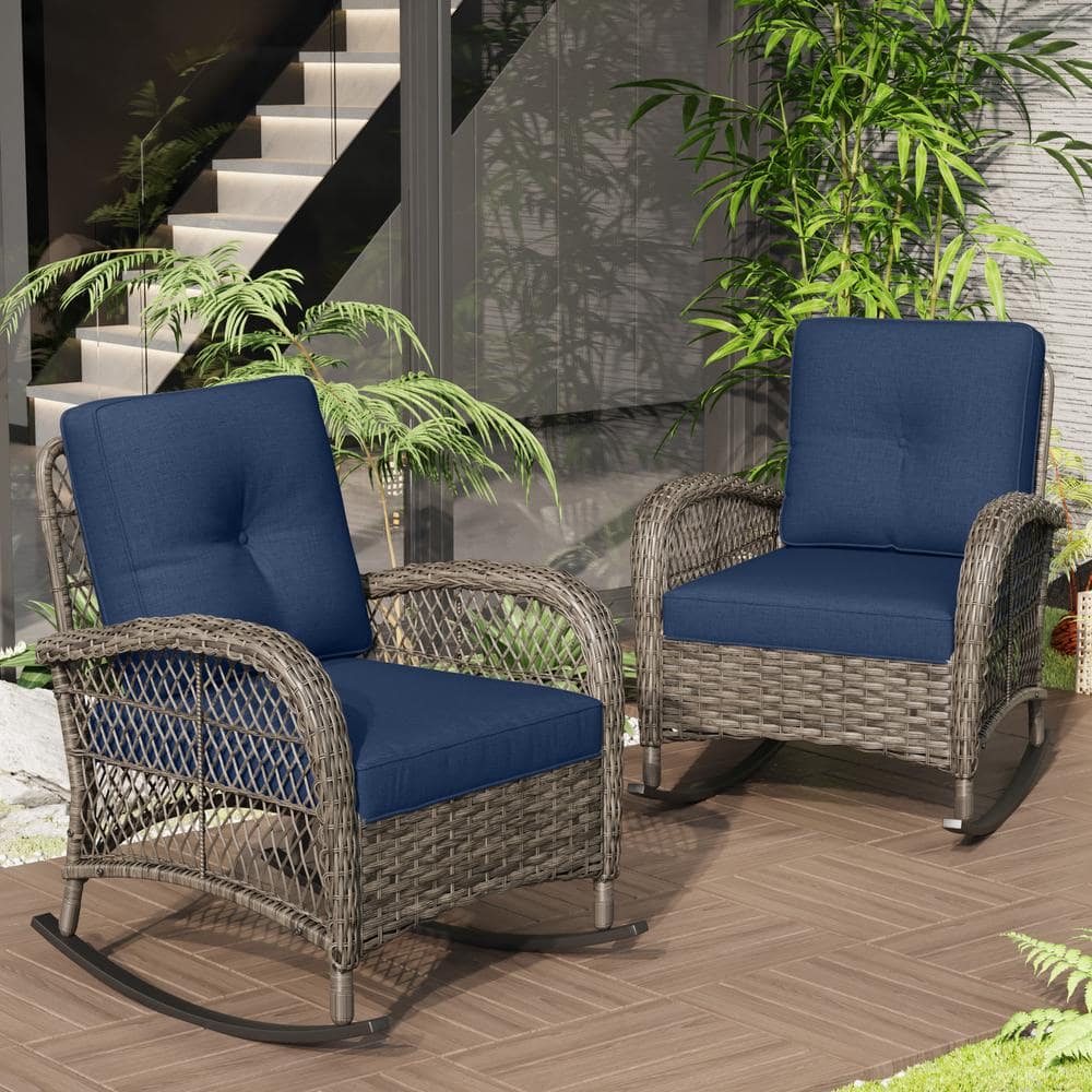 Gardenbee Brown Wicker Outdoor Rocking Chair Patio with Blue Cushions ...