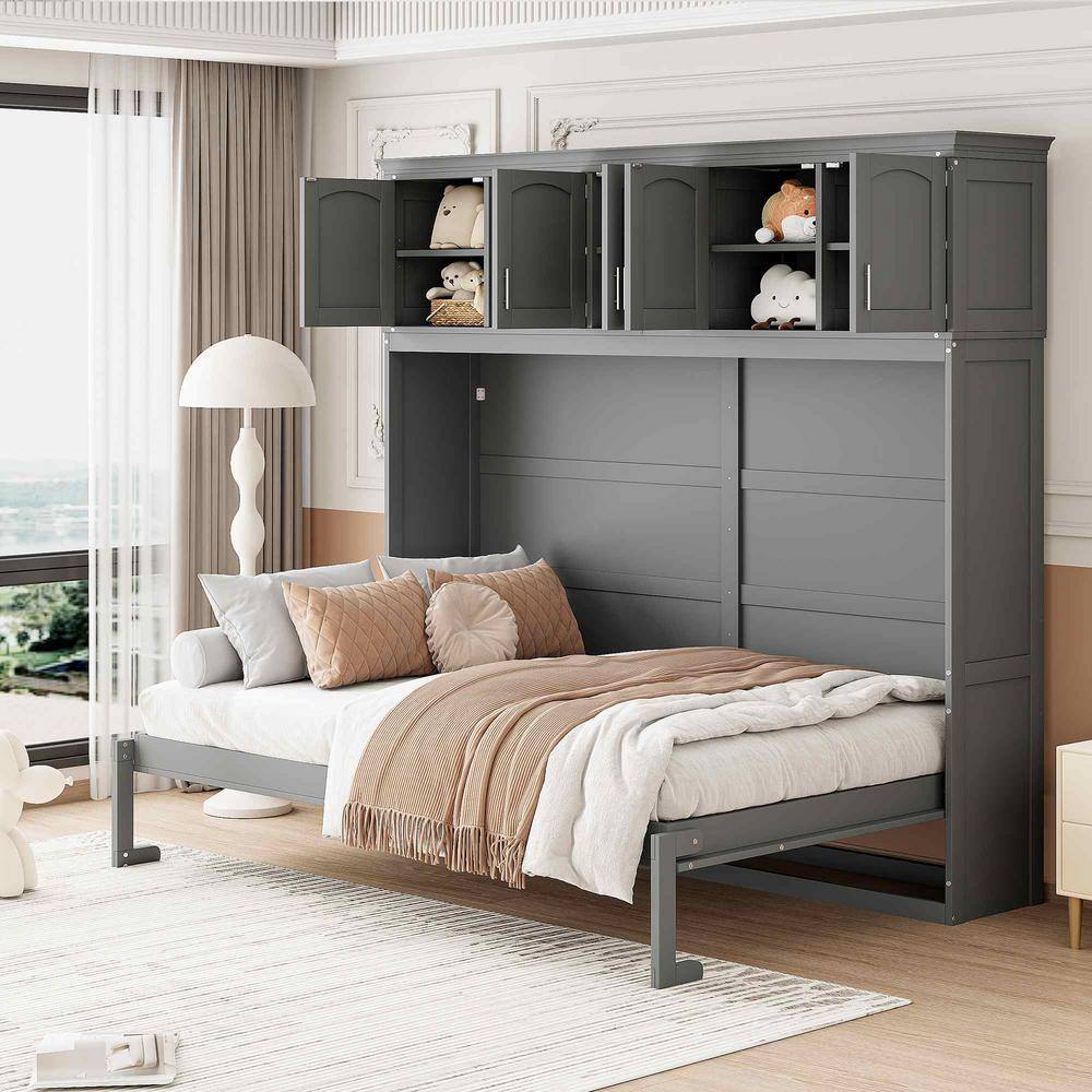 Polibi Gray Wood Frame Queen Murphy Bed with Top Cabinets RS-0010455AAE ...