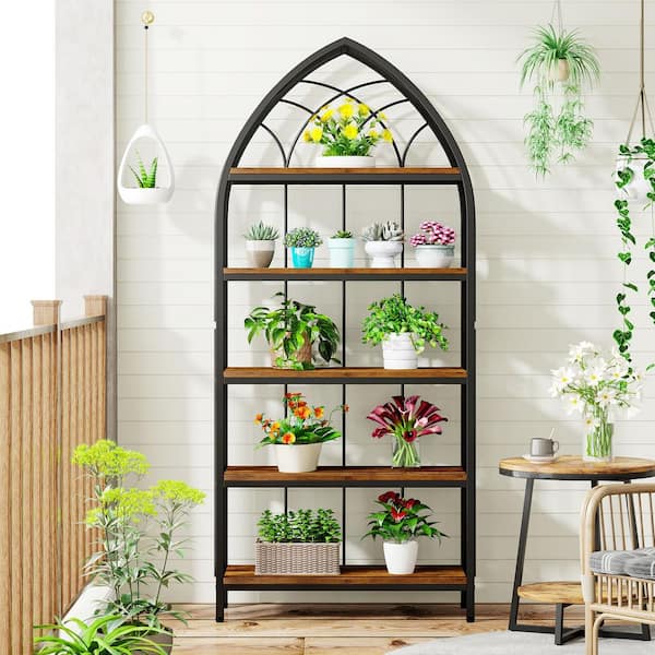 BYBLIGHT Wellston 74.8 in. Brown 5-Tier Wood and Metal Rectangle Plant ...