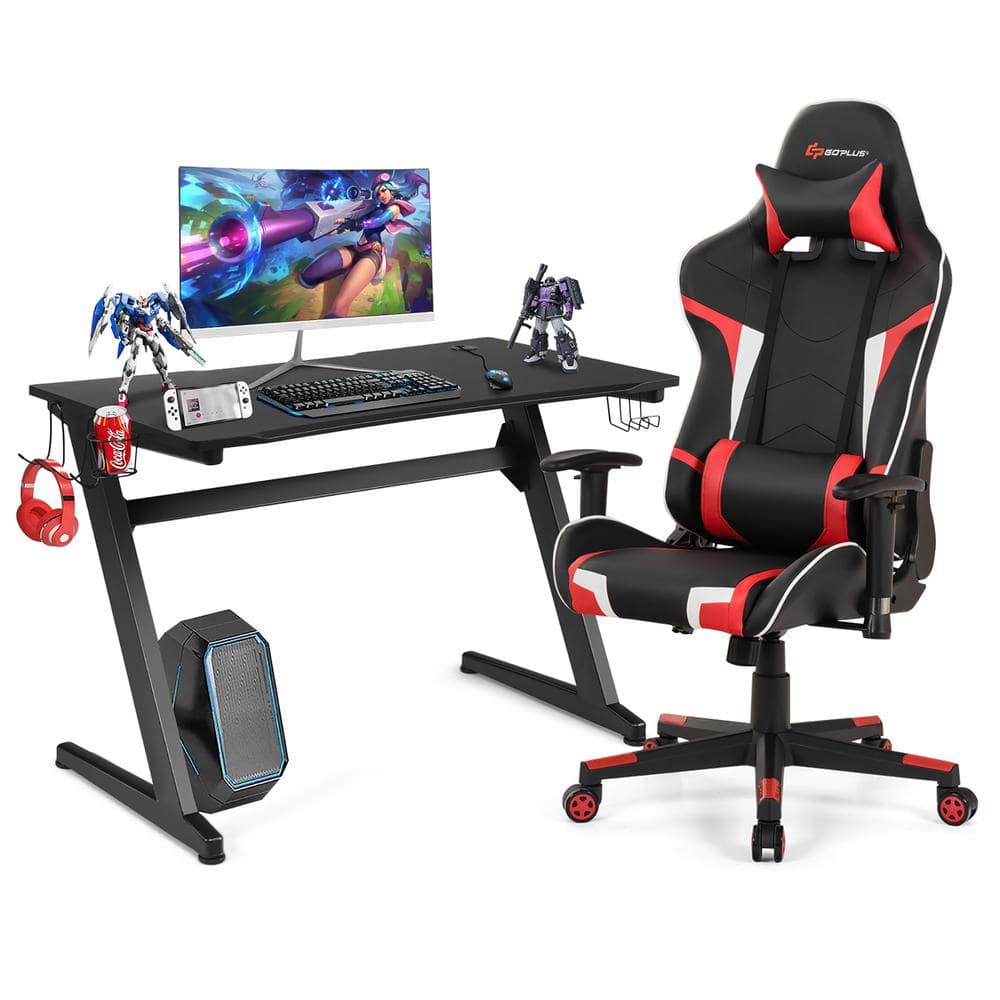 Costway 45.5 in. Black Z-Shaped Racing Style Desk and Black Plus Red ...