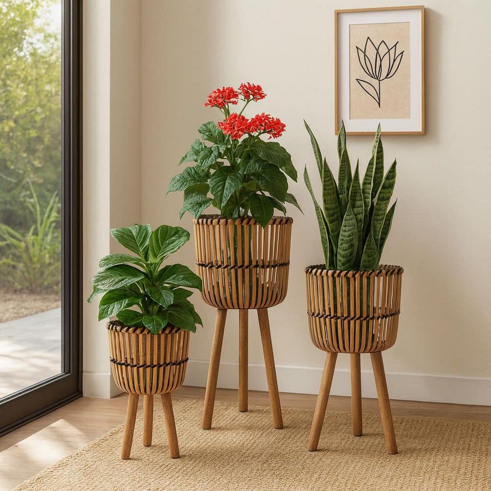 Liv & Skye 15 in. x 26 in. Natural Bamboo Footed Planters Decorative ...