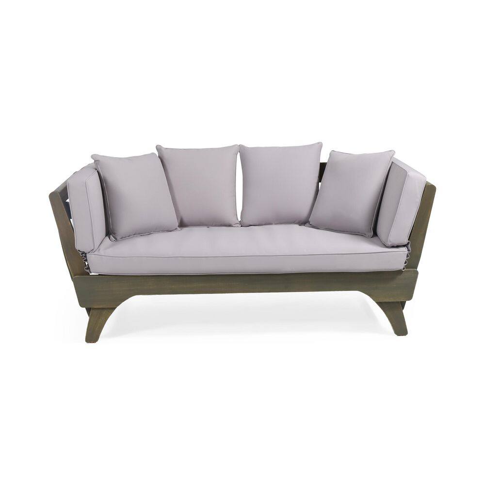 Expandable Acacia Wood Outdoor Day Bed with Gray Cushions, Outdoor ...