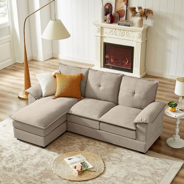 STICKON 82.28 in. Top Pillow Arm Fabric L Shape Sectional Sofa with Reversible Ottoman in Beige HYM HD04281218 The Home Depot