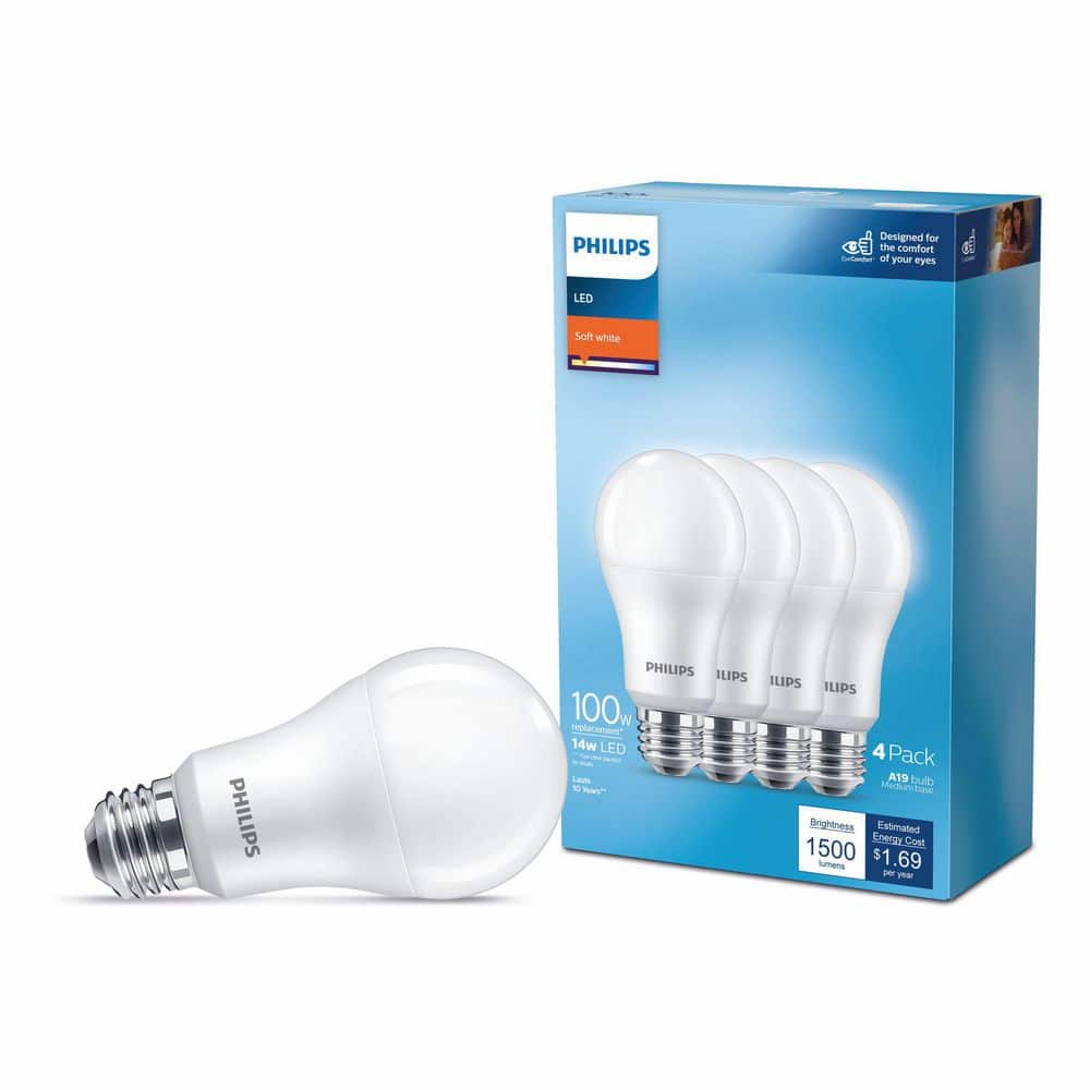 Philips 100 Watt-Equivalent LED Light Bulb A19 A-Style 2700K Soft White ...