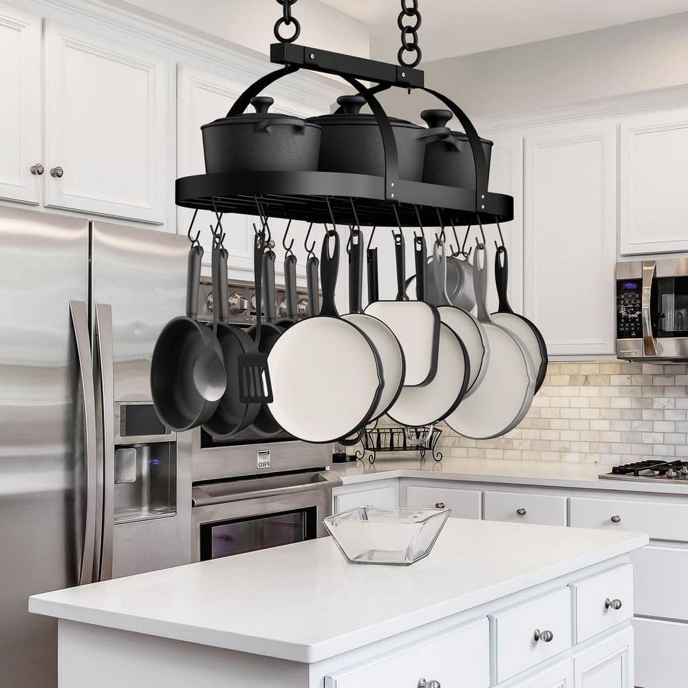 KES Matte Black Ceiling Oval Pot Rack for Kitchen with 20 S Hooks ...