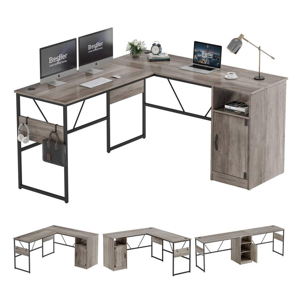 Bestier 60 in. L shaped Wash Grey Wood Desk with Cabinet and Hooks ...